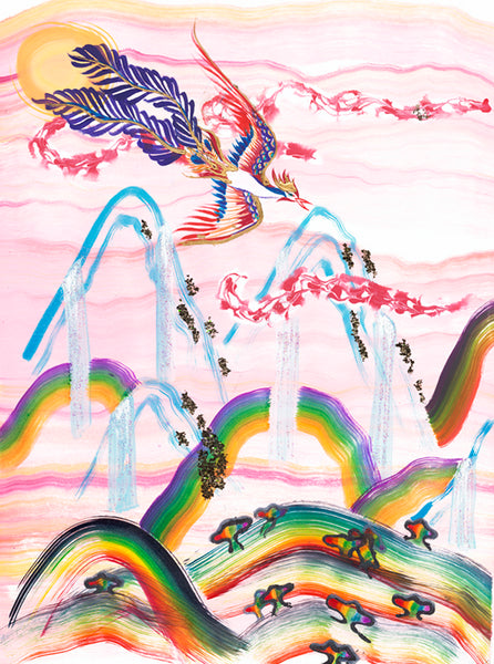 Phoenix in Flight Over Prismatic Landscape A Art Print – Krane Home